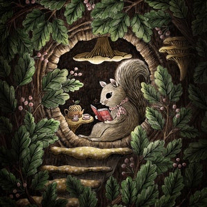 Squirrel Reading Art Print, Forest Kid's Room Decor, Squirrel ...