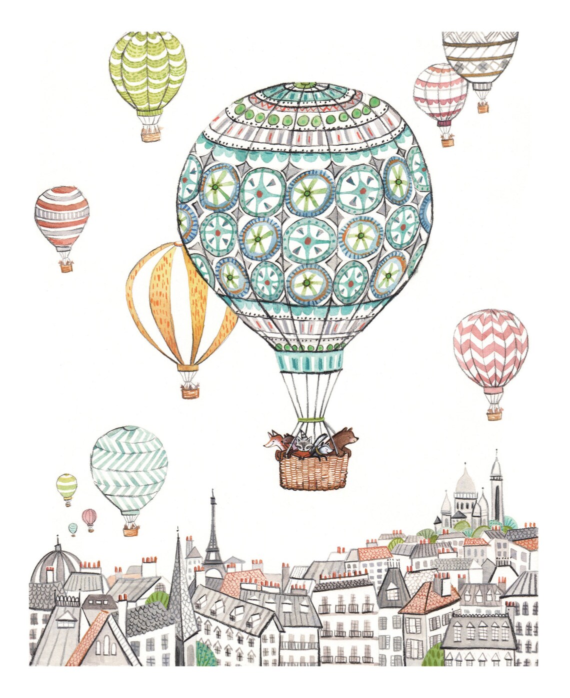 Hot Air Balloons Over Paris Art Print Hot Air Balloons - Etsy