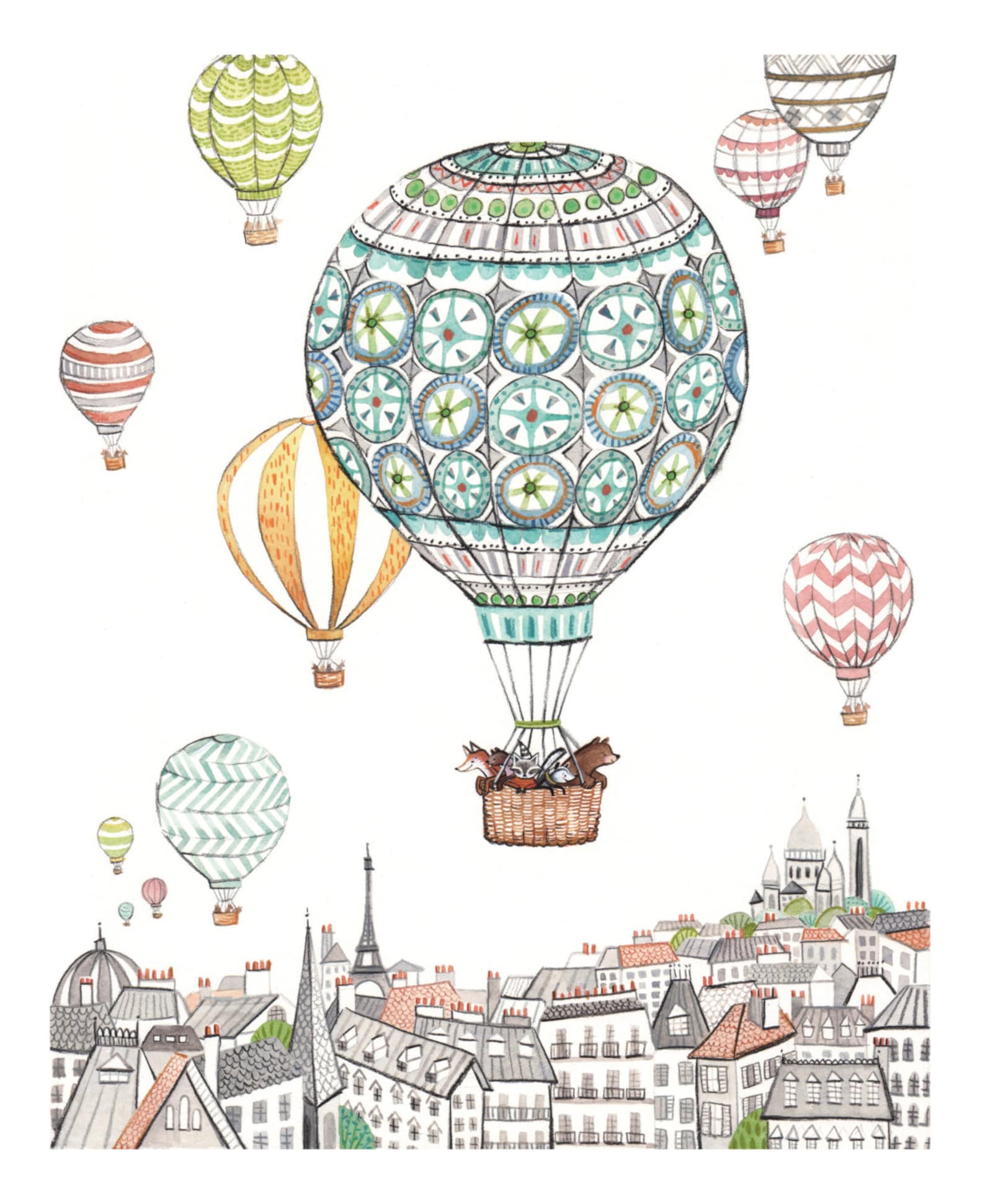Hot Air Balloons Over Paris Art Print Hot Air Balloons - Etsy