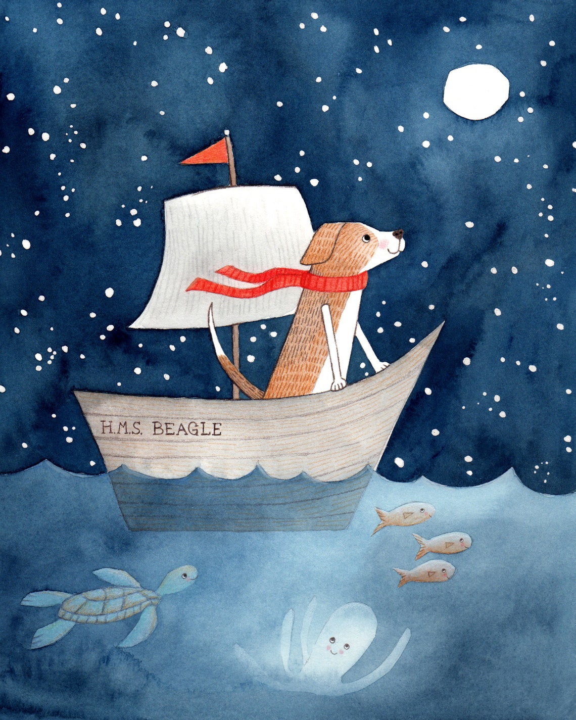 Beagle Art Print Dog in Boat Illustration Puppy Decor - Etsy