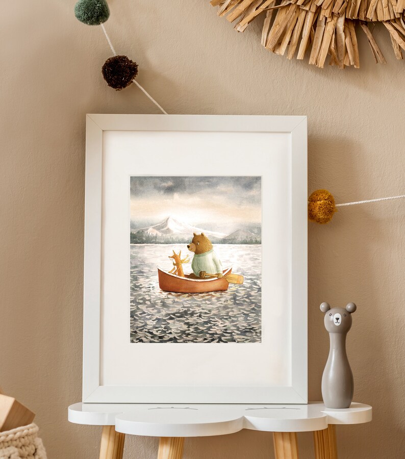 Bear and Fox Canoe Trip Art Print Mountain Lake Sunrise - Etsy