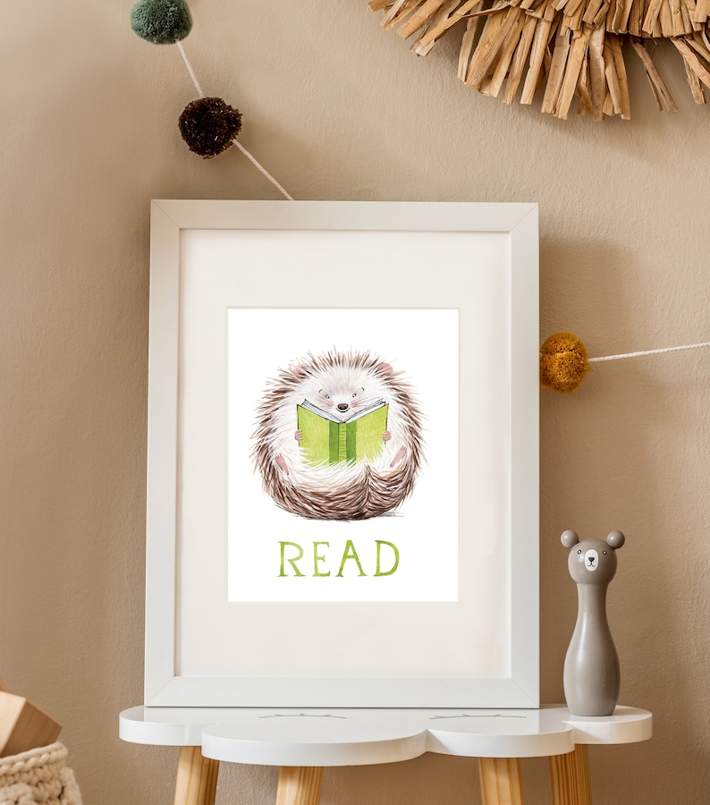 Hedgehog Reading Art Print, Literacy Illustration, Watercolor Children ...