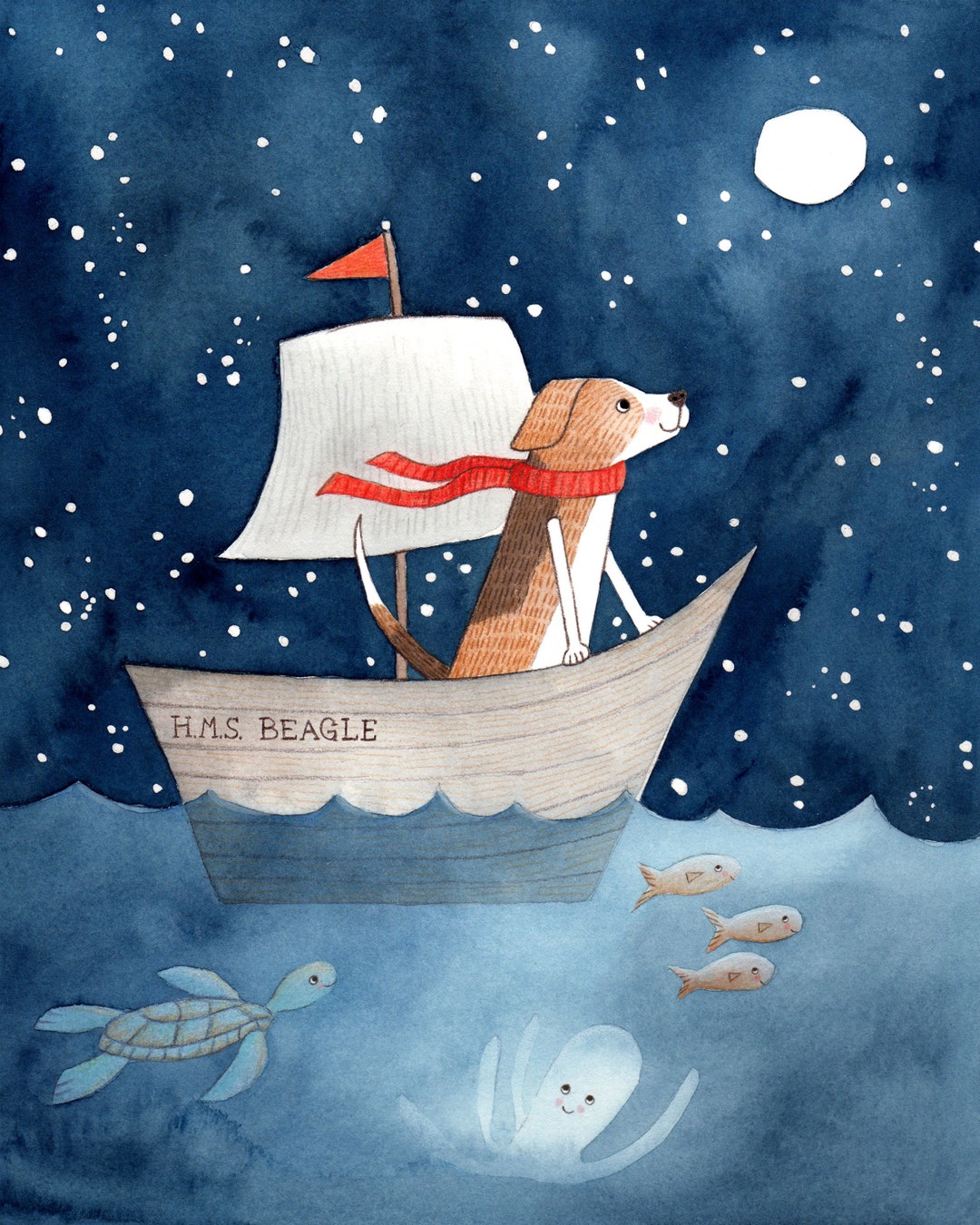 Beagle Art Print, Dog in Boat Illustration, Puppy Decor, Beagle Decor ...