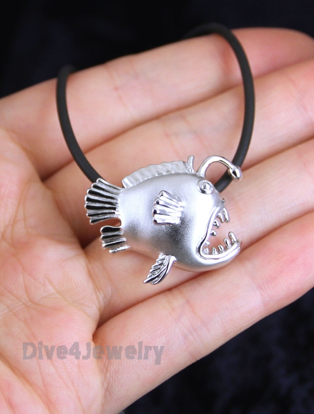 Angler Fish Necklace Sterling Silver Satin Matte Fish Pendant Deep Sea ...