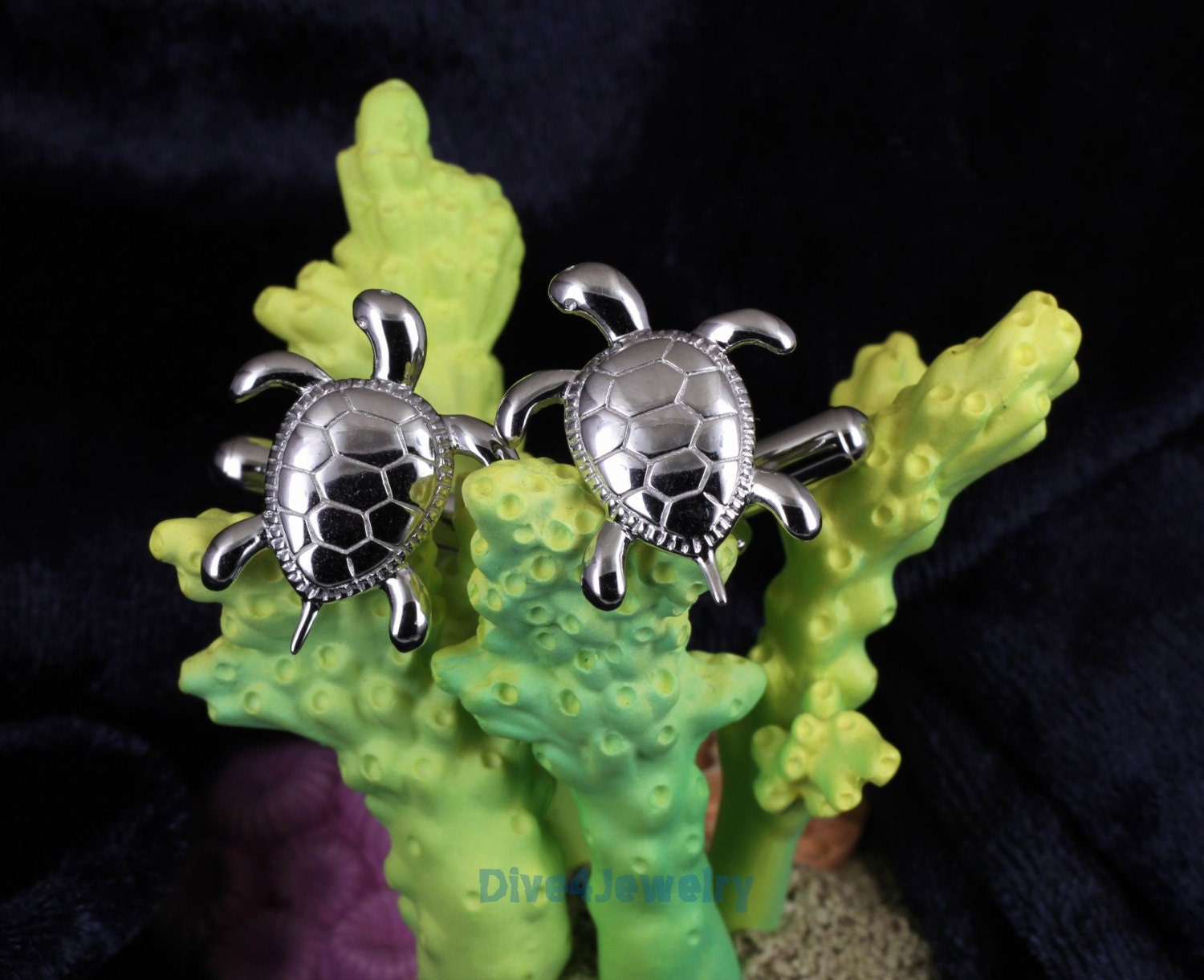 3D Turtle Cufflinks in Solid 925 Sterling Silver Rhodium Plated ...