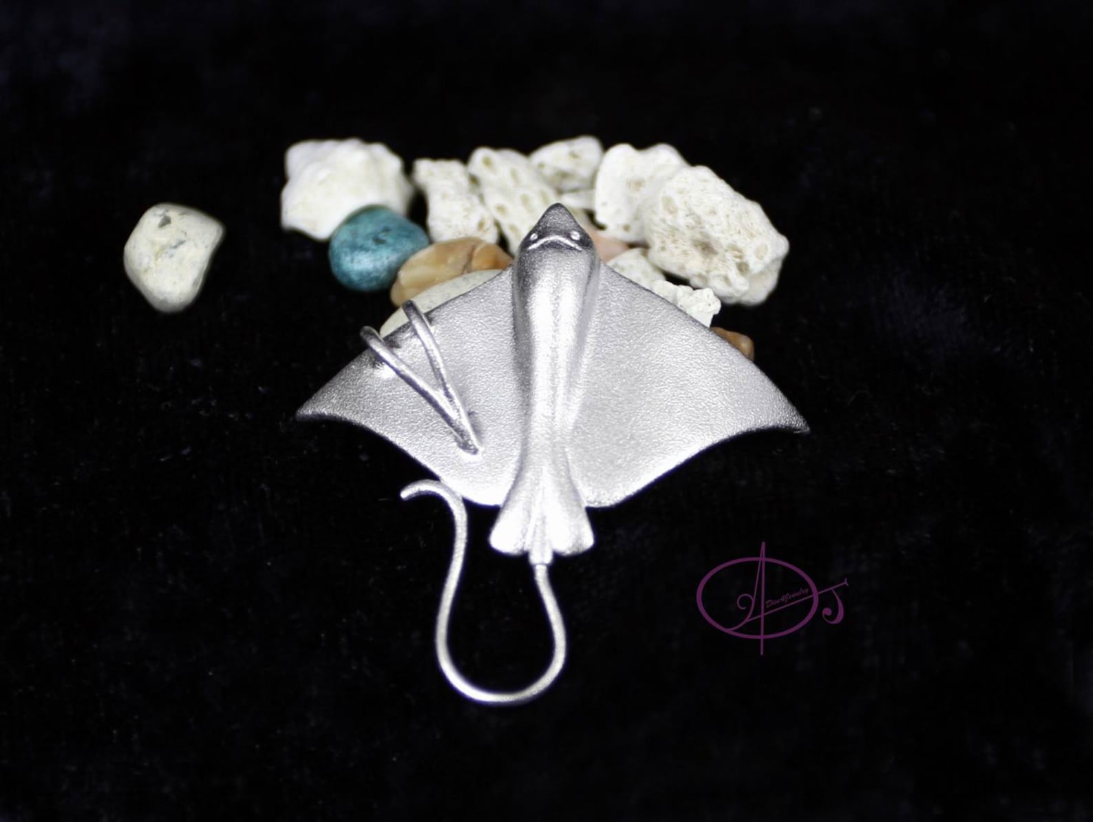Spotted Eagle Ray Necklace Sterling Silver Rhodium Satin 3D Pendant ...