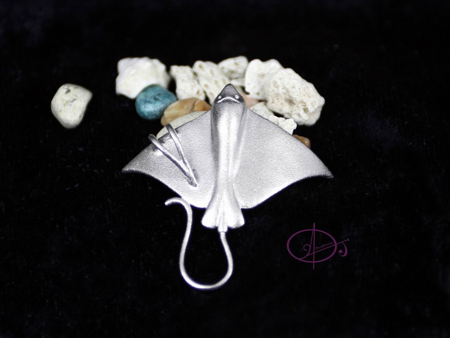 Spotted Eagle Ray Necklace Sterling Silver Rhodium Satin 3D Pendant ...