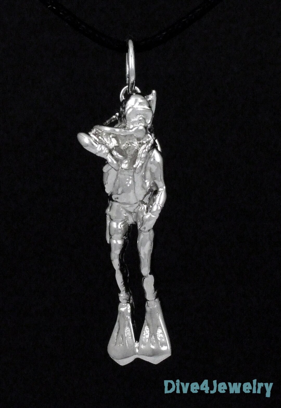 Scuba Diver With Torch Solid 925 Sterling Silver Rhodium Plated 3D ...