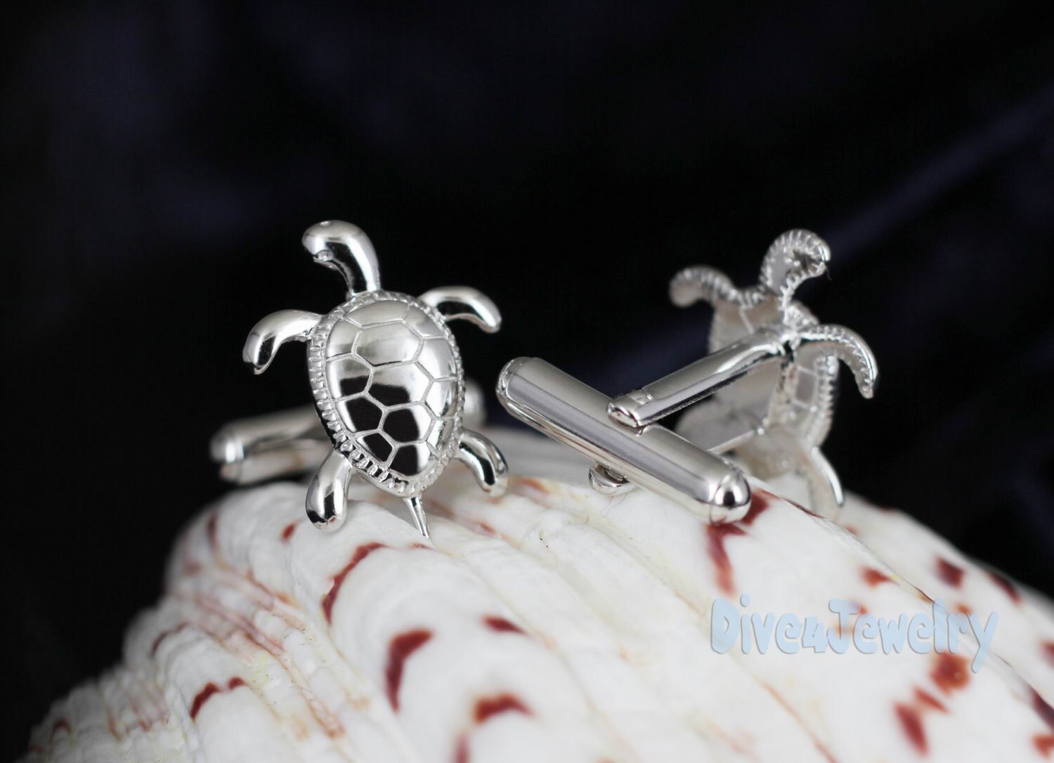 3D Turtle Cufflinks in Solid 925 Sterling Silver Rhodium Plated ...