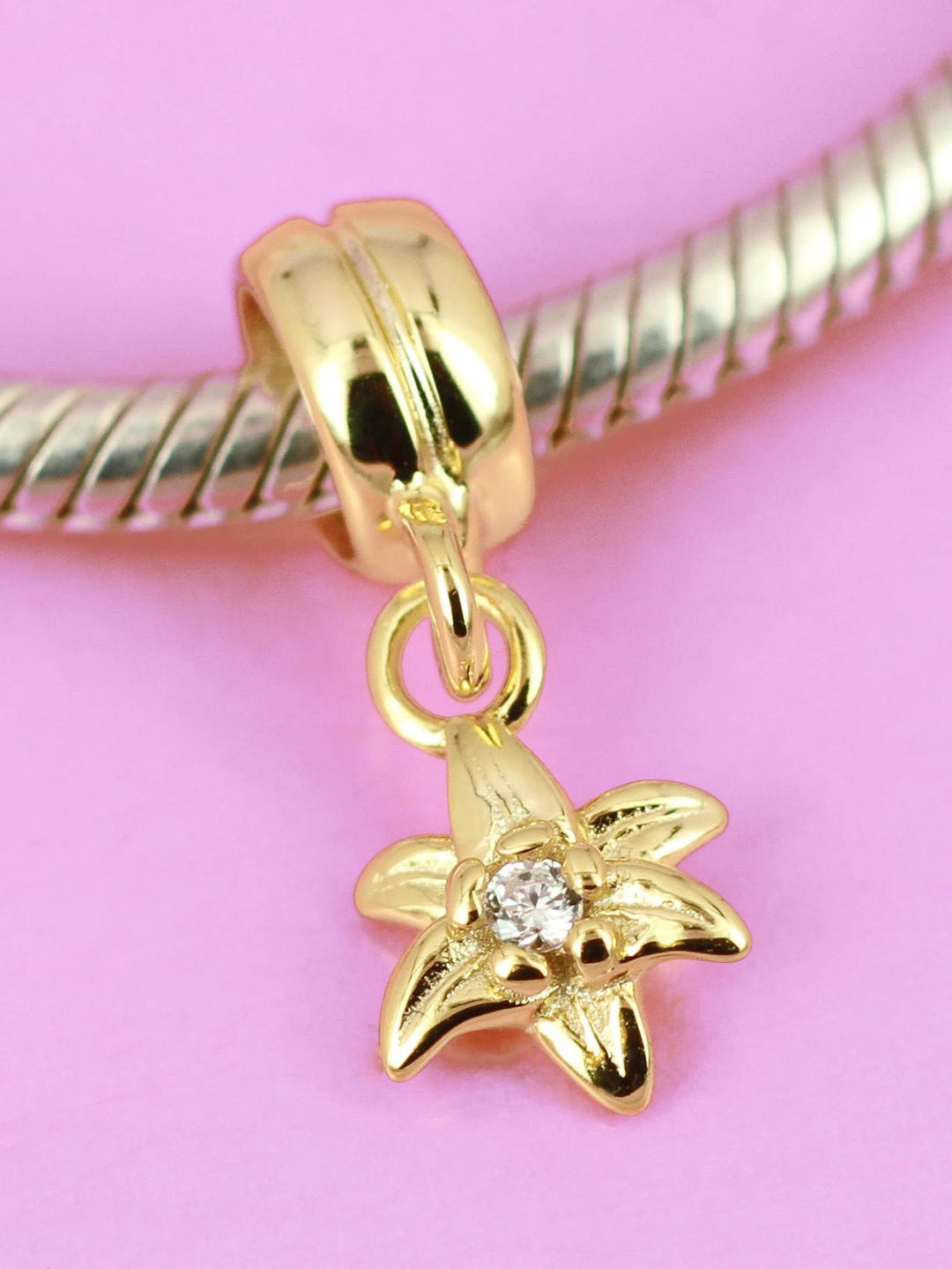 9K Cz Flower Charm Bead in Solid 9K 9ct Yellow Gold Bloom Flower Dangle ...