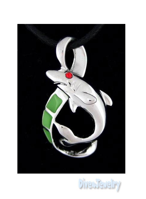 Shark Necklace Ruby Eye Sterling Silver Green Enamel Pendant Necklace ...