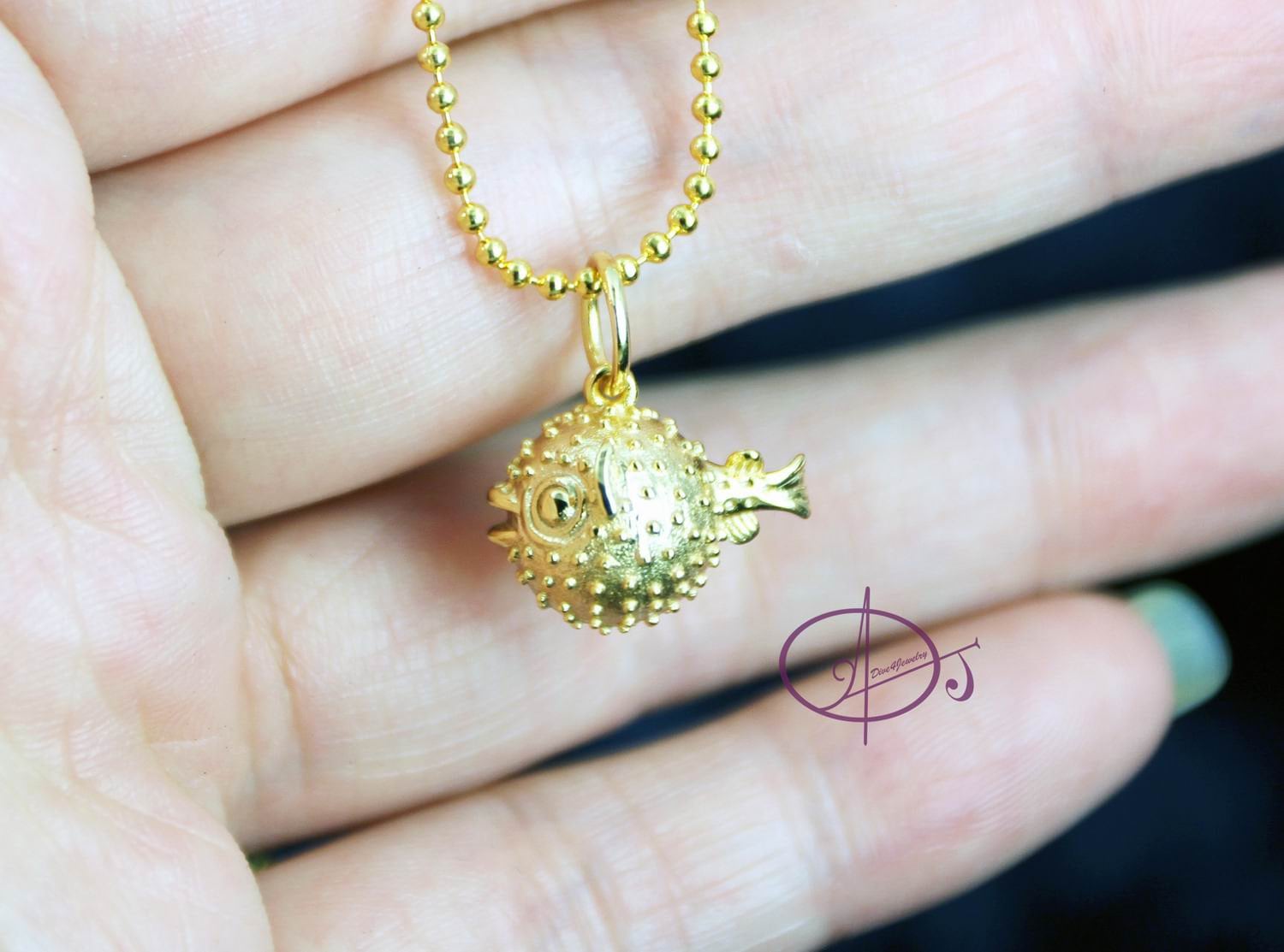 Little Puffer Fish Charm Sterling Silver Gold Plated 3D Pufferfish ...