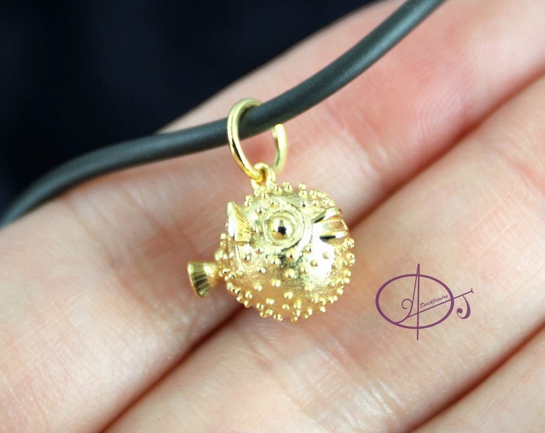 Little Puffer Fish Charm Sterling Silver Gold Plated 3D Pufferfish ...