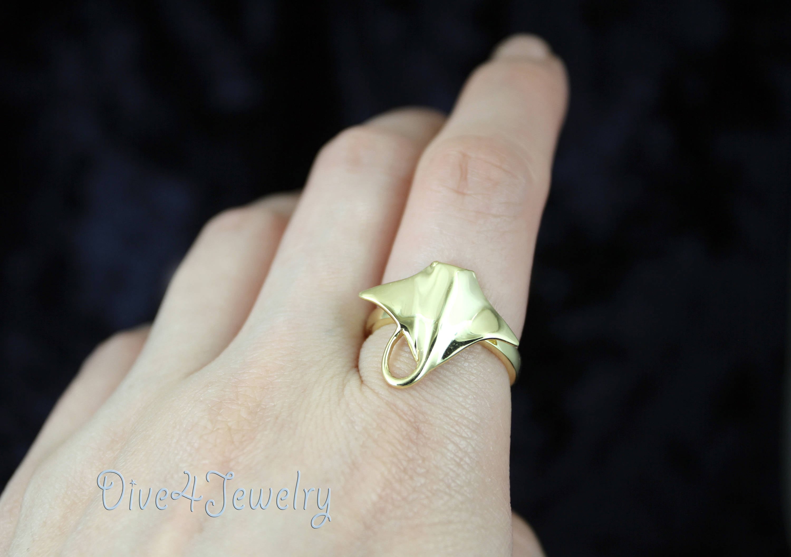 Manta Ray Ring Gold Plated Solid 925 Sterling Silver Open Band Ring ...