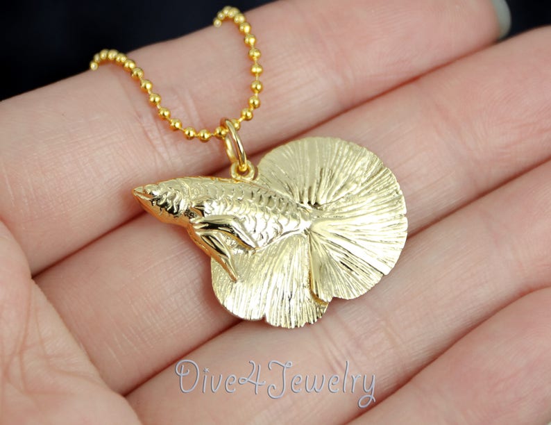 Betta Fish Pendant Necklace 925 Sterling Silver Gold Plated Halfmoon ...