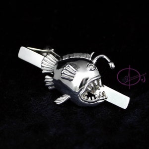 Angler Fish Tie Clip in Solid 925 Sterling Silver Rhodium Plated Suit ...