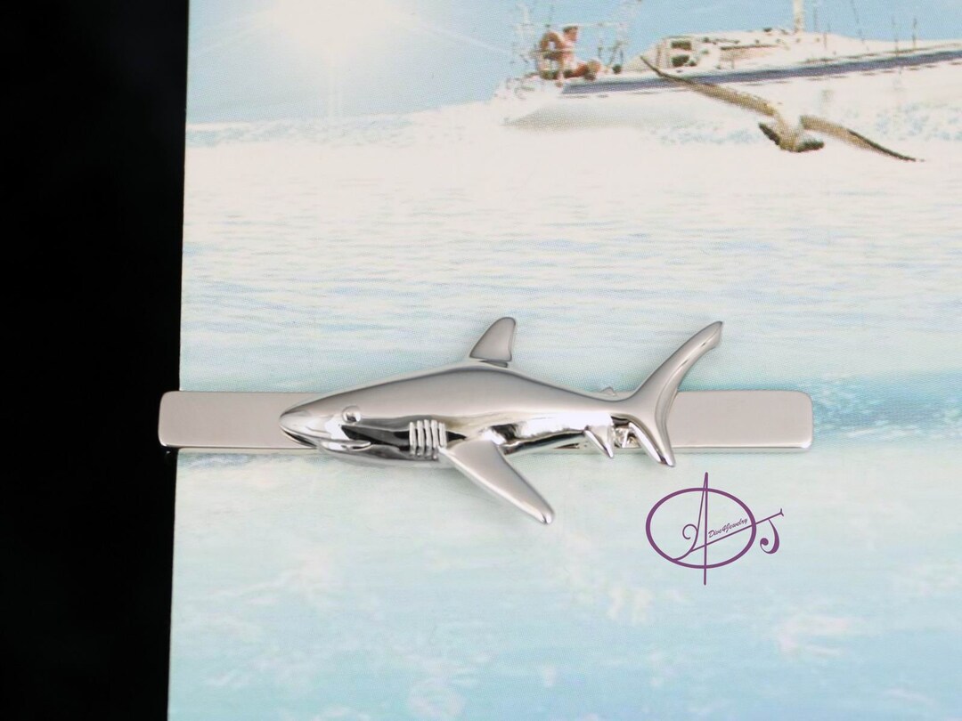 Great White Shark Tie Clip in Solid 925 Sterling Silver Rhodium Plated ...
