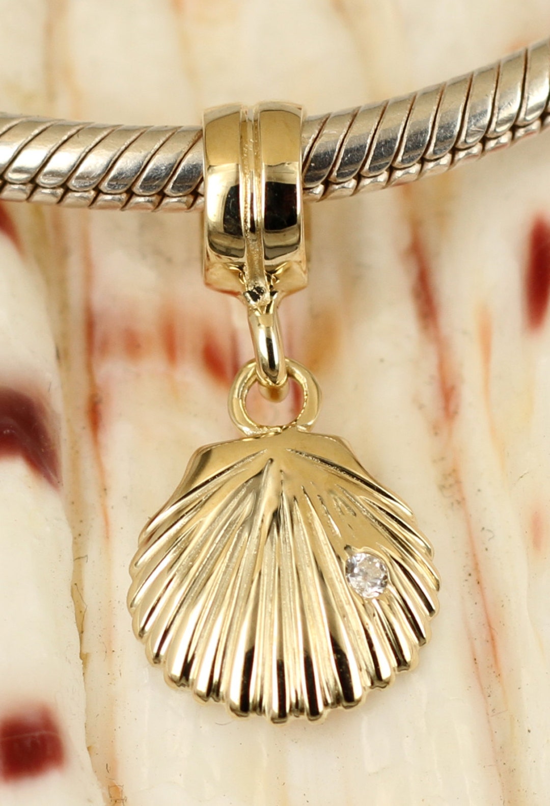 Sea Shell Charm Genuine Solid 9ct 9K Gold Cz Scallop Shell Charm Great ...