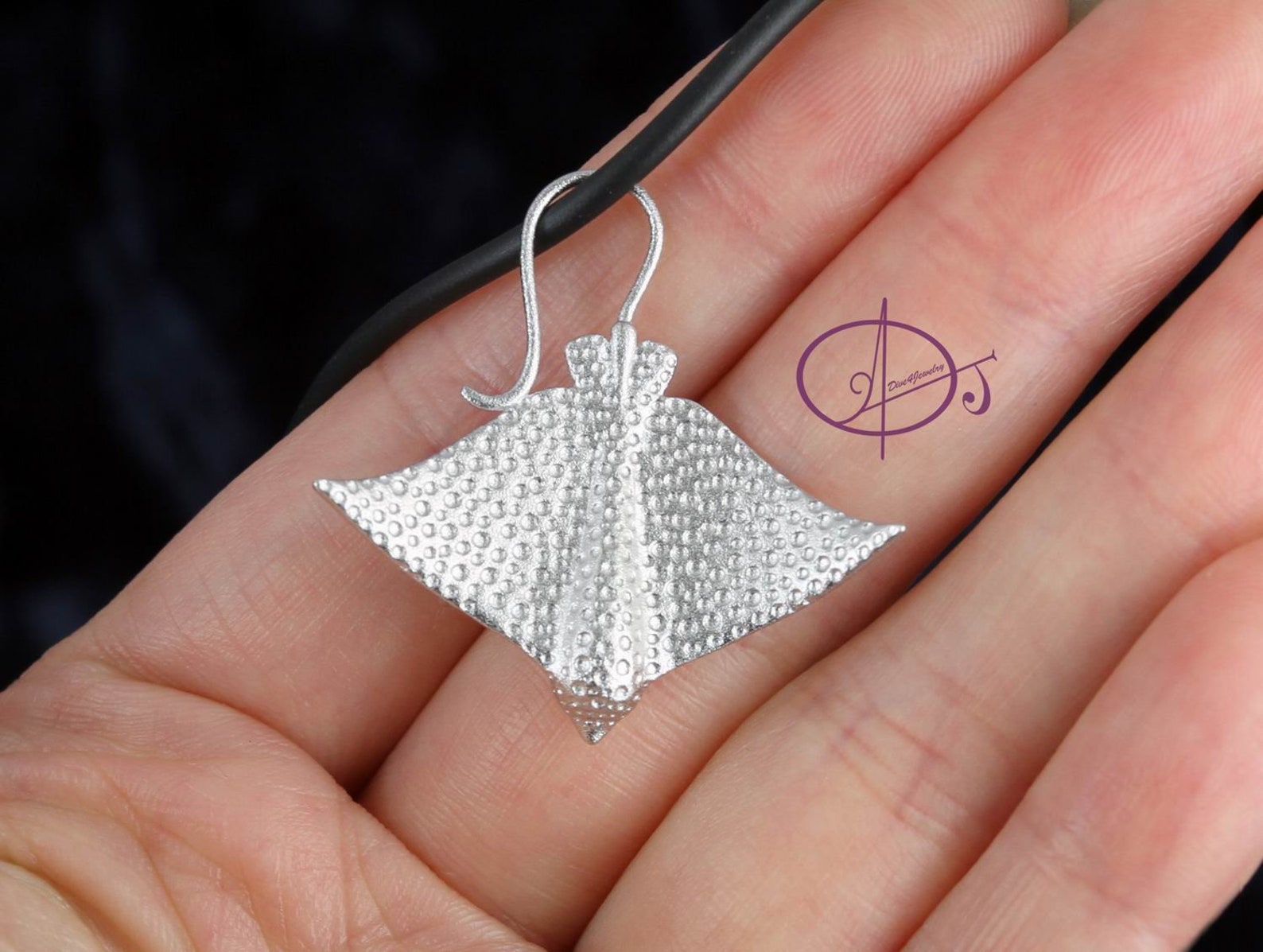 Spotted Eagle Ray Necklace Sterling Silver Rhodium Satin 3D Pendant ...