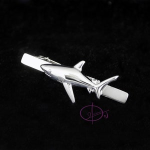 Great White Shark Tie Clip in Solid 925 Sterling Silver Rhodium Plated ...