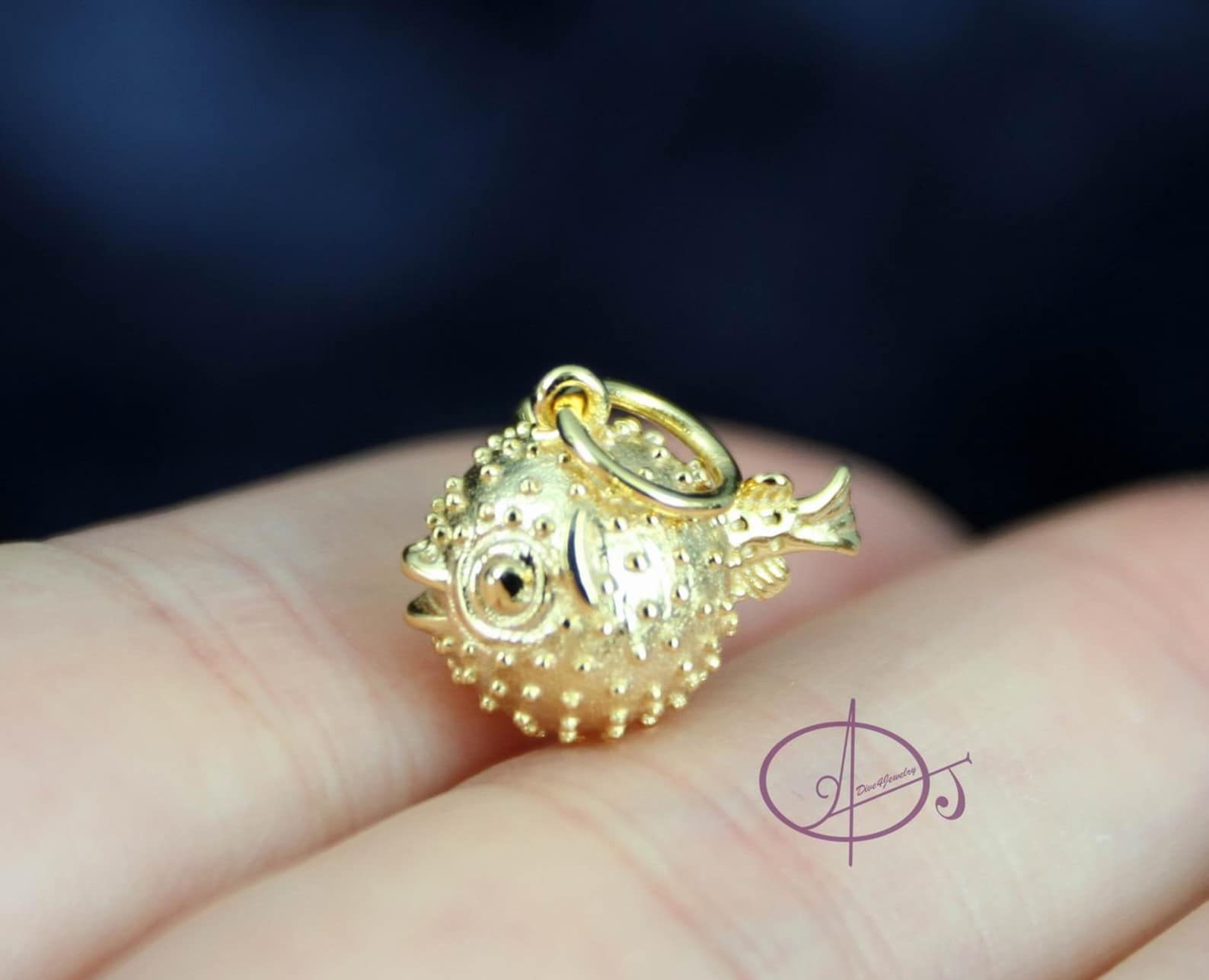 Little Puffer Fish Charm Sterling Silver Gold Plated 3D | Etsy