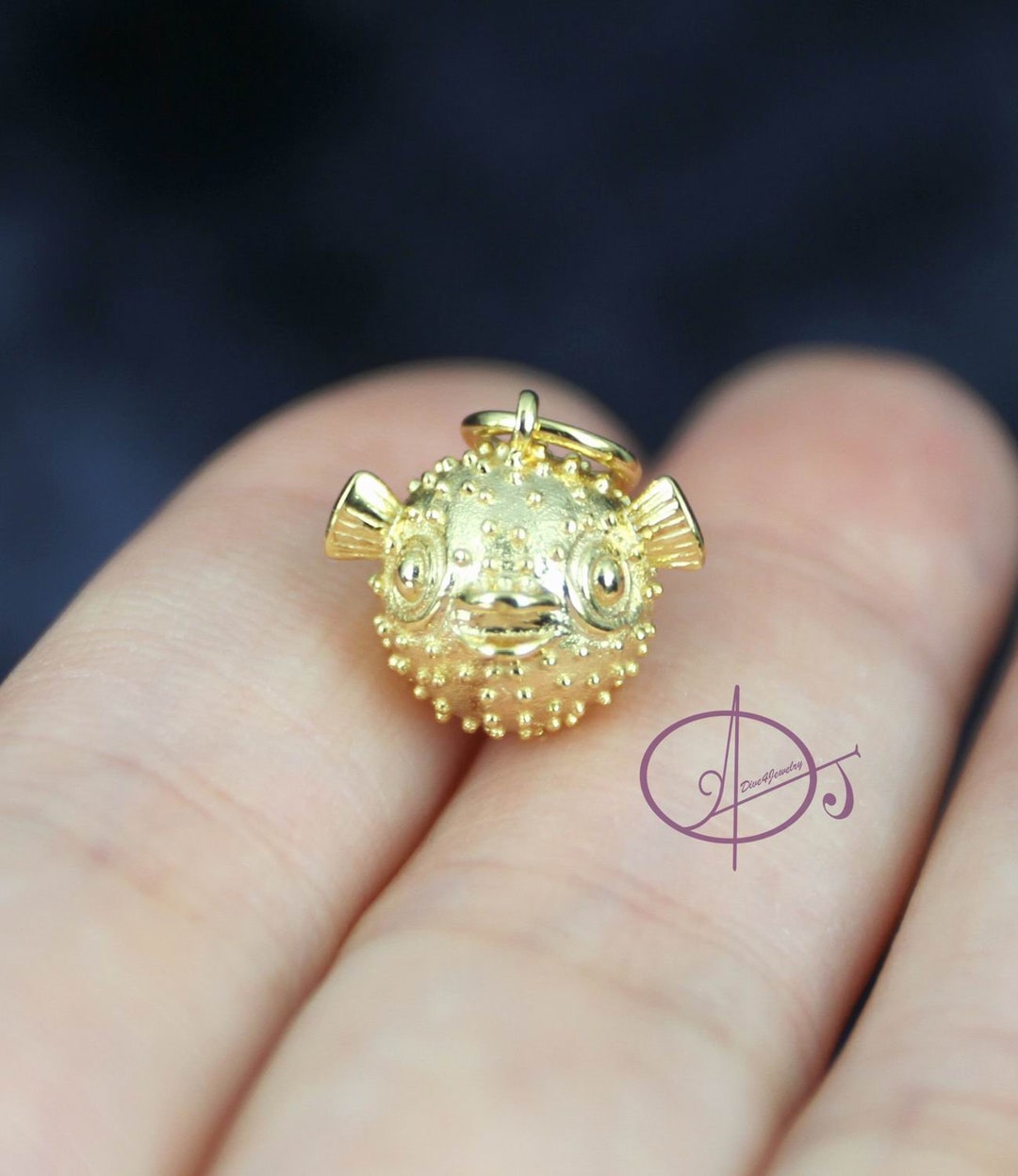 Little Puffer Fish Charm Sterling Silver Gold Plated 3D Pufferfish ...