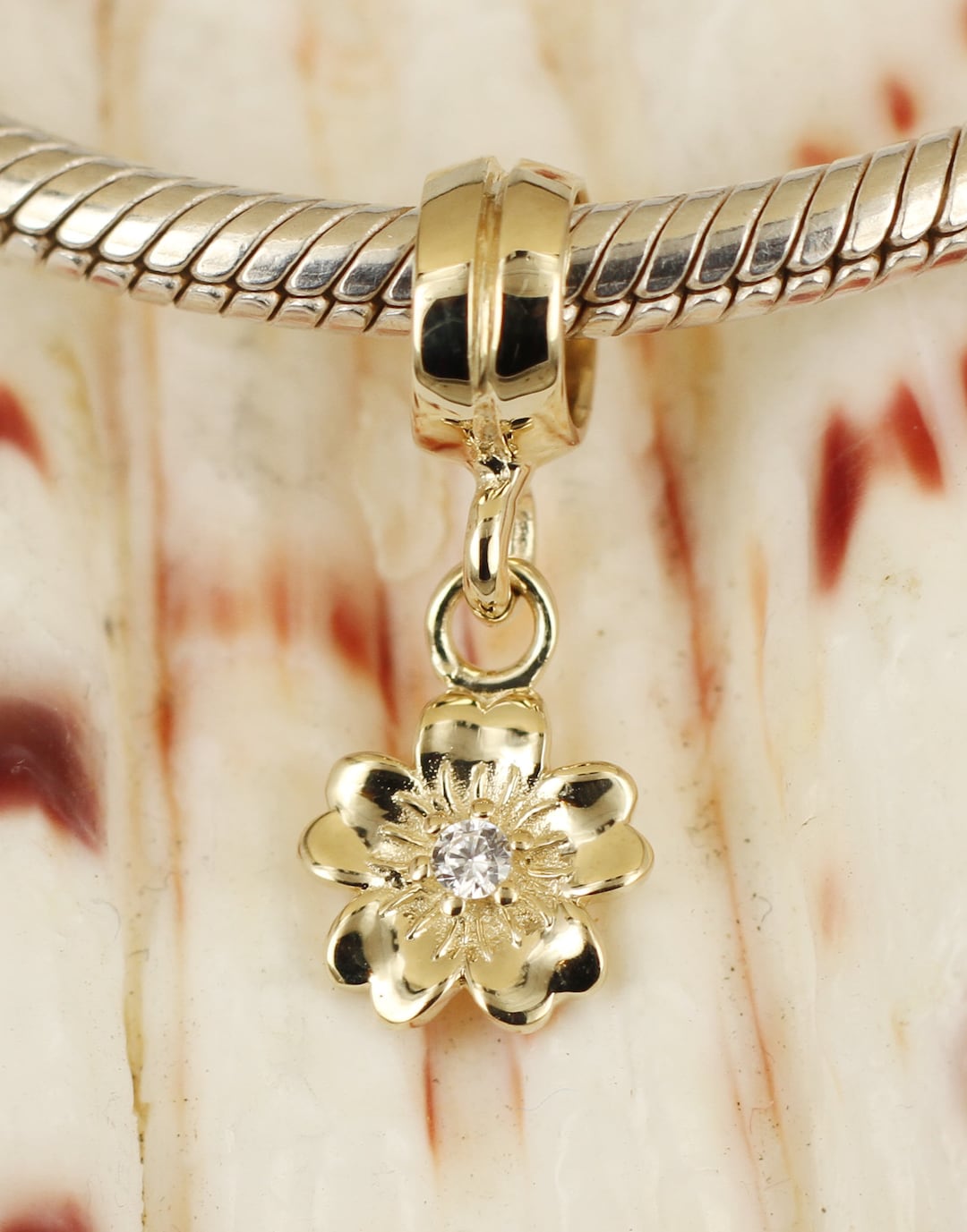9K Flower Cz Charm Bead Solid 9K 9ct Yellow Gold Flower Dangle Charm ...