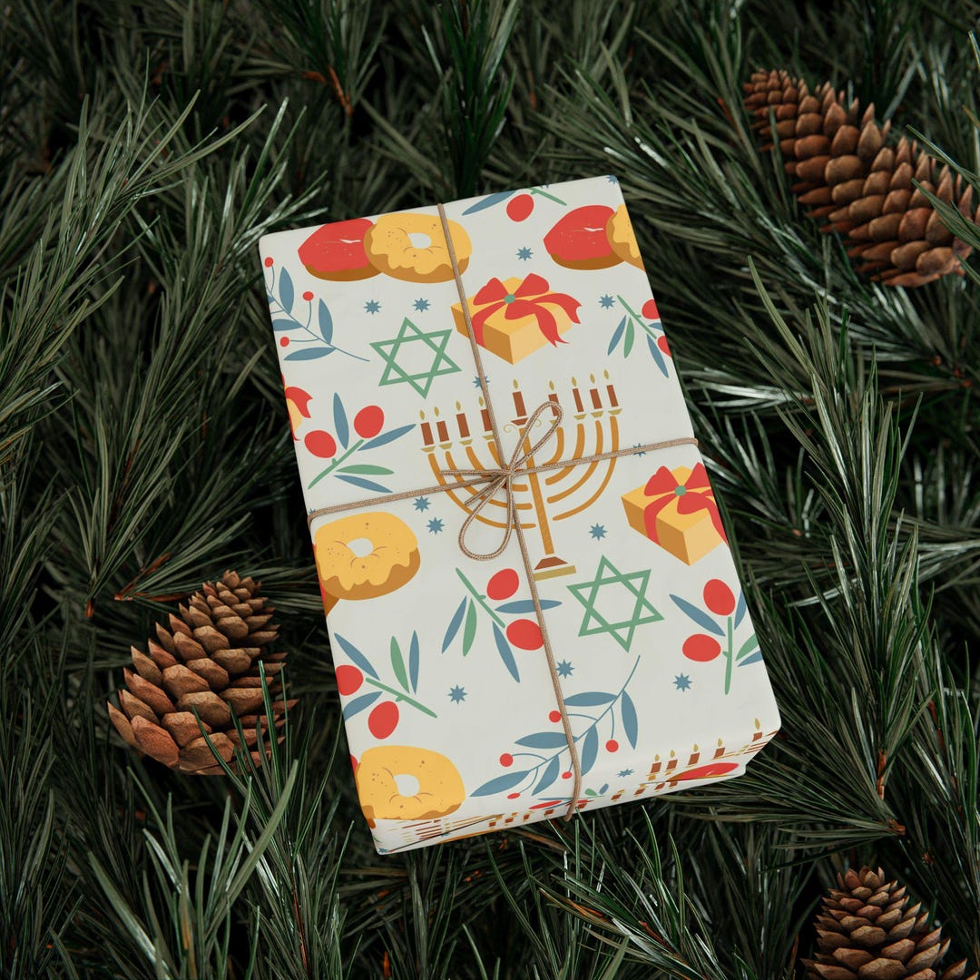 Hanukkah Wrapping Paper - Cream Judaica Gift Wrap With Menorahs, Stars ...