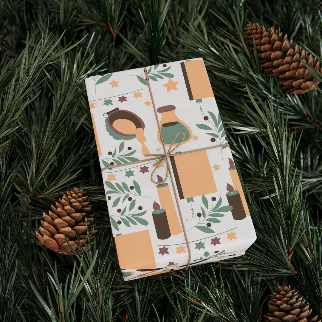 Judaica Wrapping Paper - Olive Branch & Candle Gift Wrap With Stars and ...