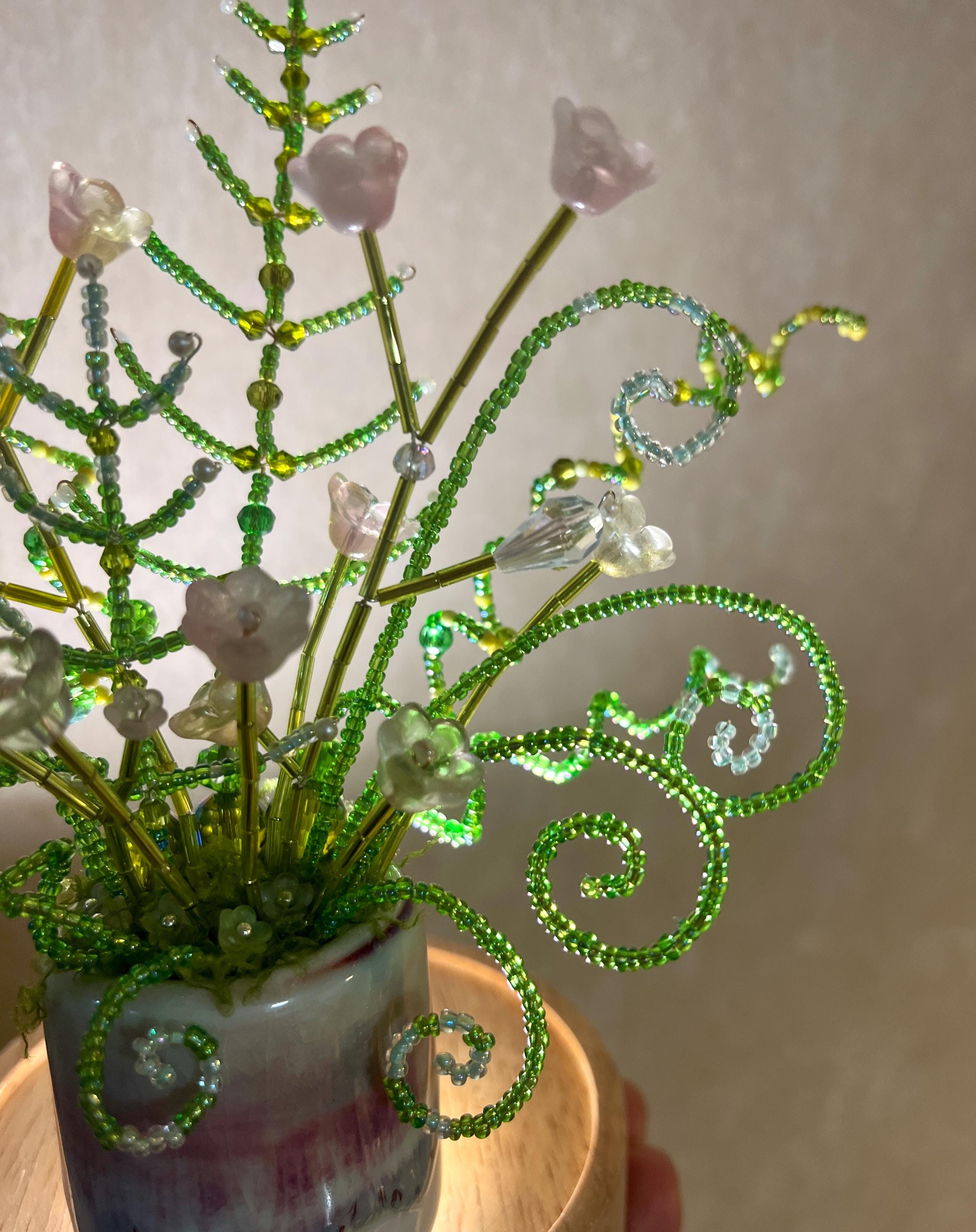 Handmade Beaded Fern & Wildflower Arrangement: Miniature Ceramic Pot ...