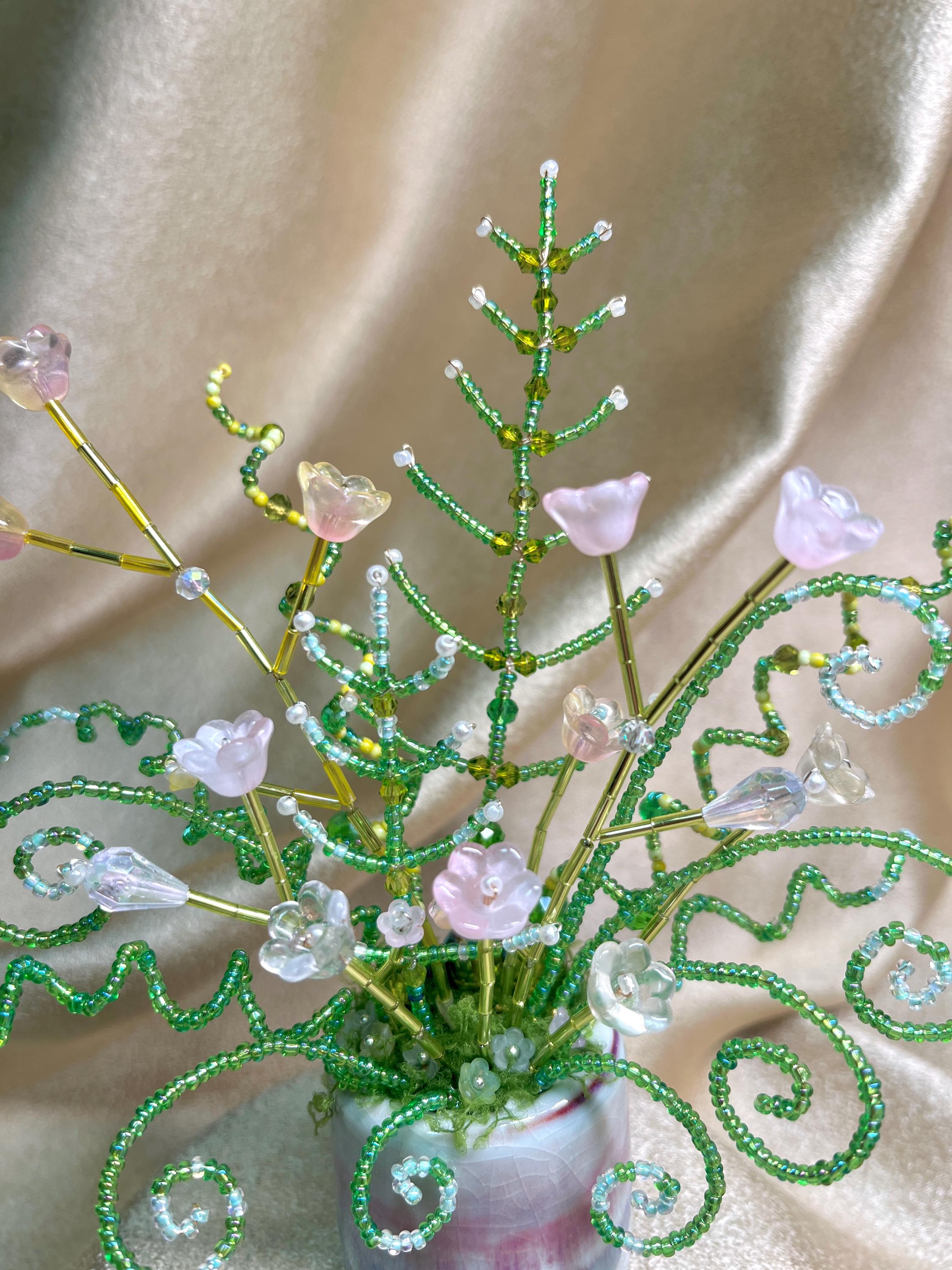 Handmade Beaded Fern & Wildflower Arrangement: Miniature Ceramic Pot ...