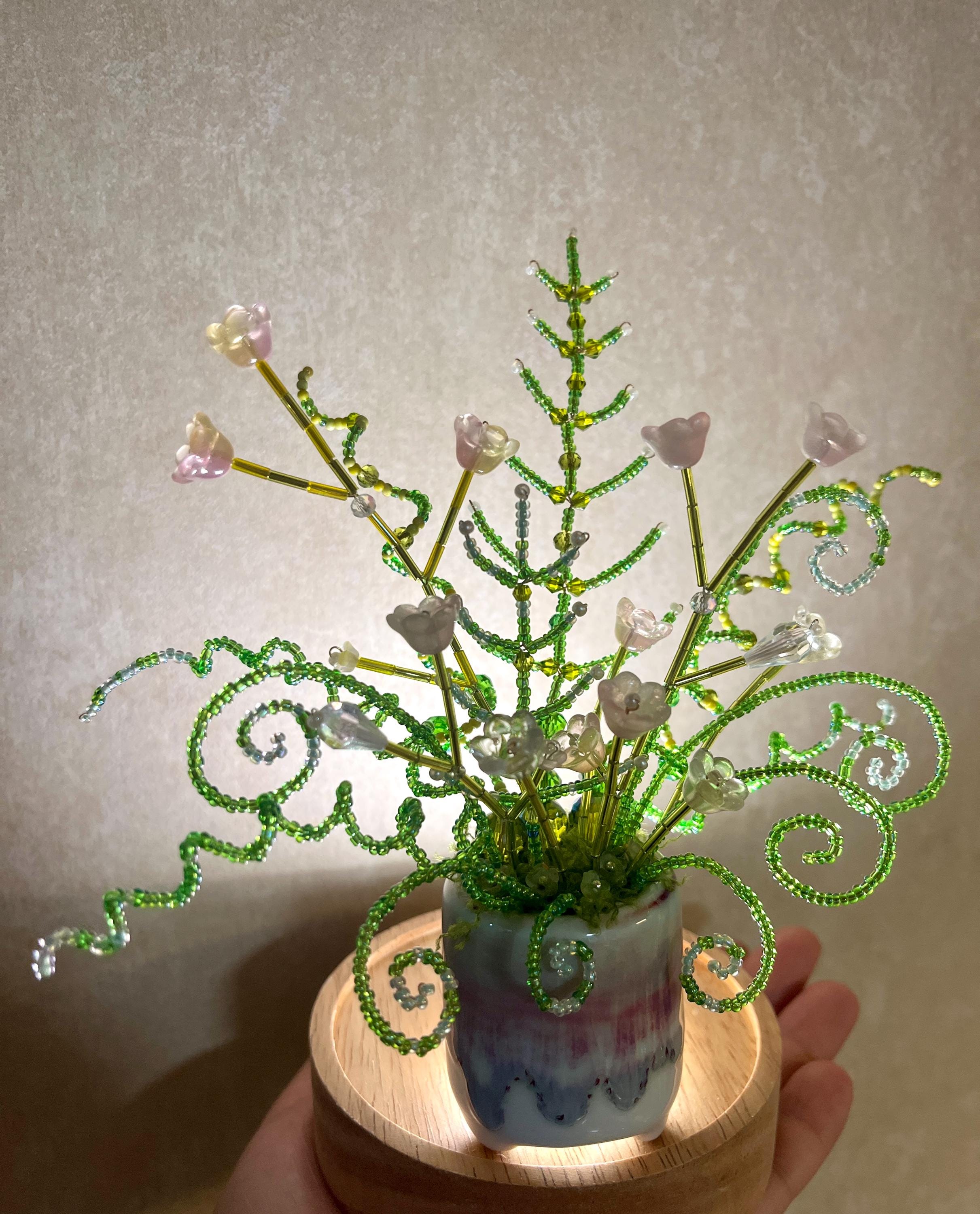Handmade Beaded Fern & Wildflower Arrangement: Miniature Ceramic Pot ...