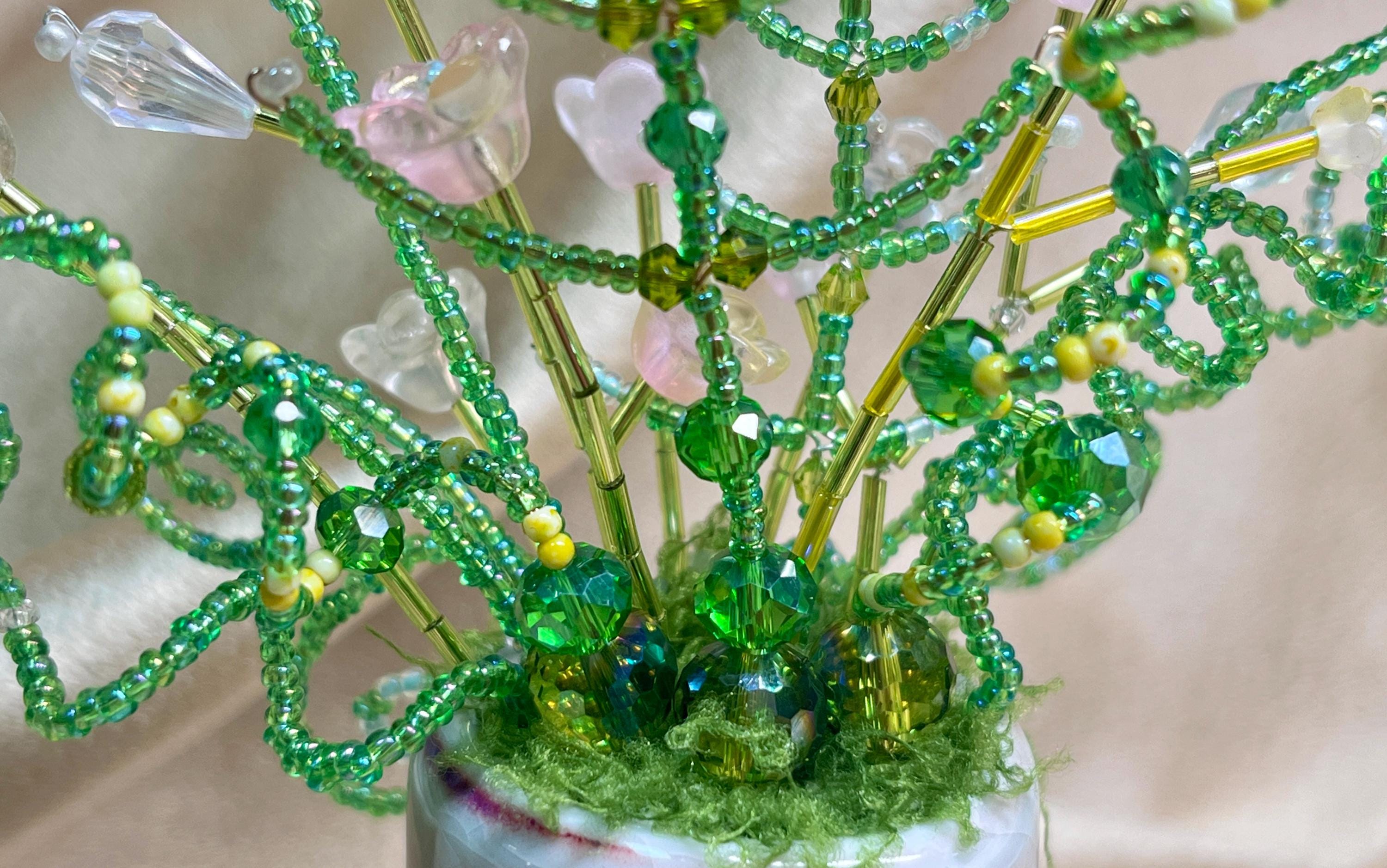 Handmade Beaded Fern & Wildflower Arrangement: Miniature Ceramic Pot ...