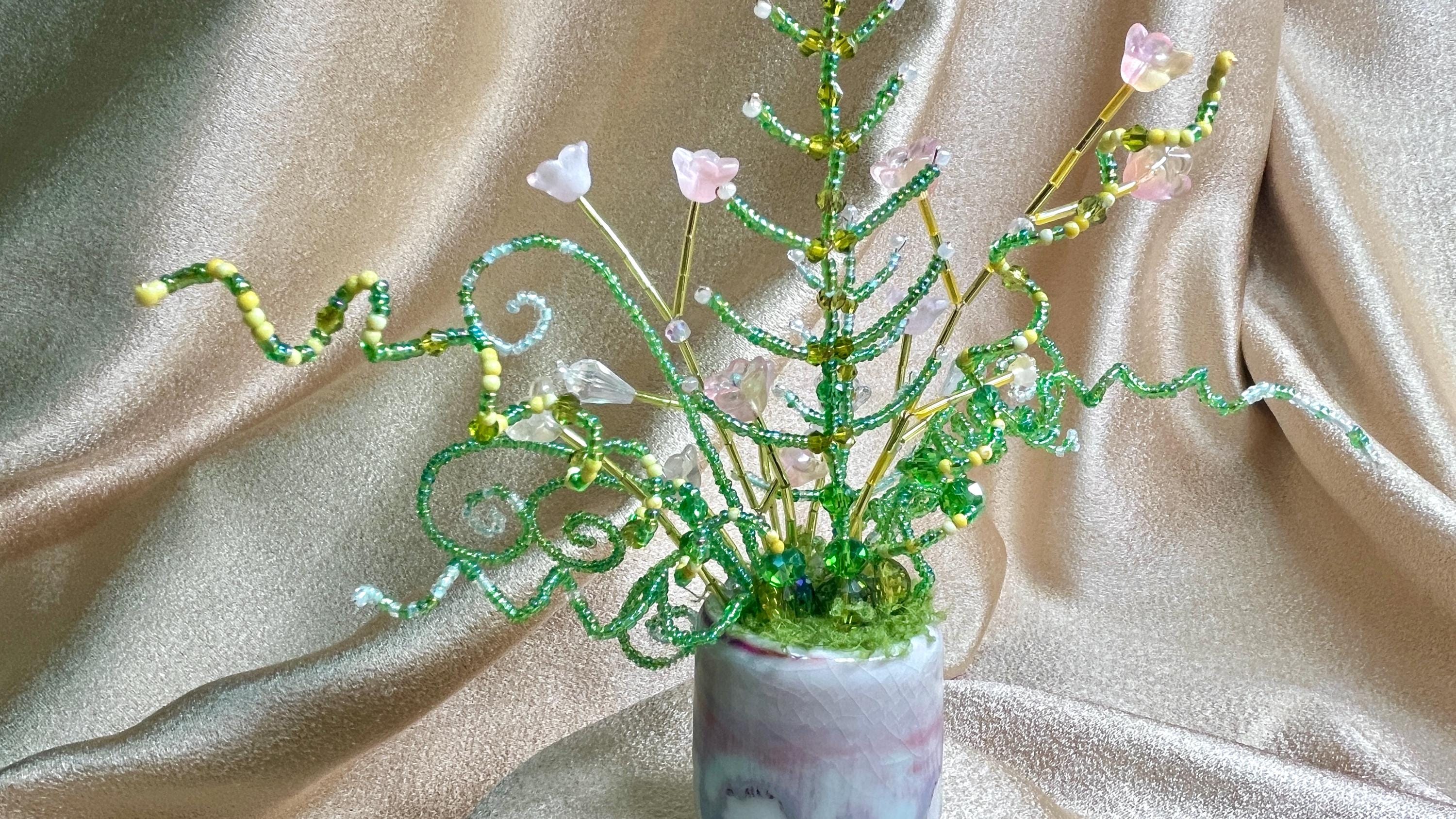 Handmade Beaded Fern & Wildflower Arrangement: Miniature Ceramic Pot ...