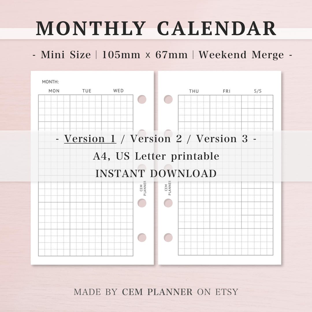 Mini Undated Monthly Calendar Insert｜3 Versions｜grid Pages｜lined Pages ...
