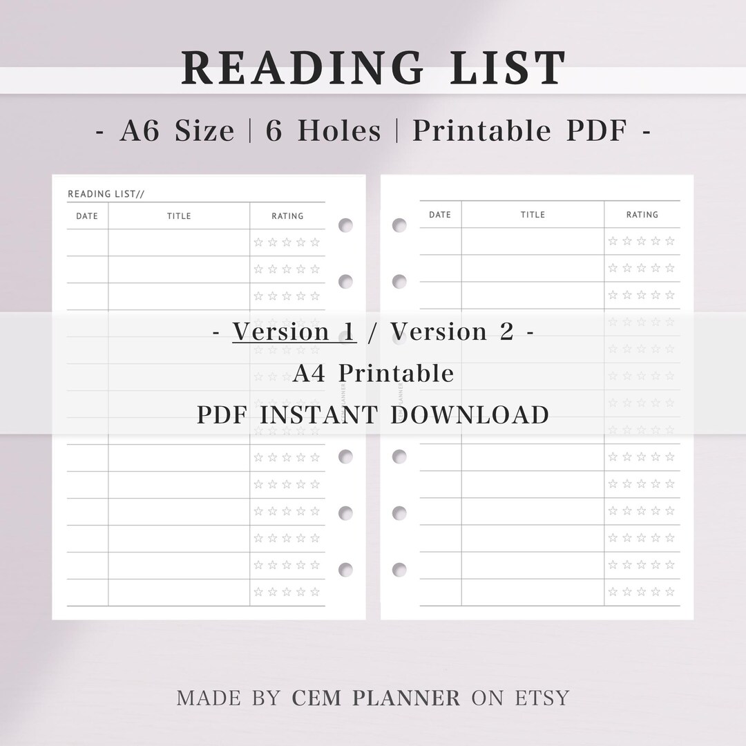 Reading List Insert Printable｜a6 Size Planner｜book, Progress Tracker ...