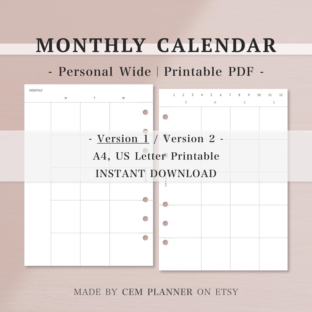 Minimalism Monthly Calendar Planner Insert｜personal Wide｜a4, US Letter ...