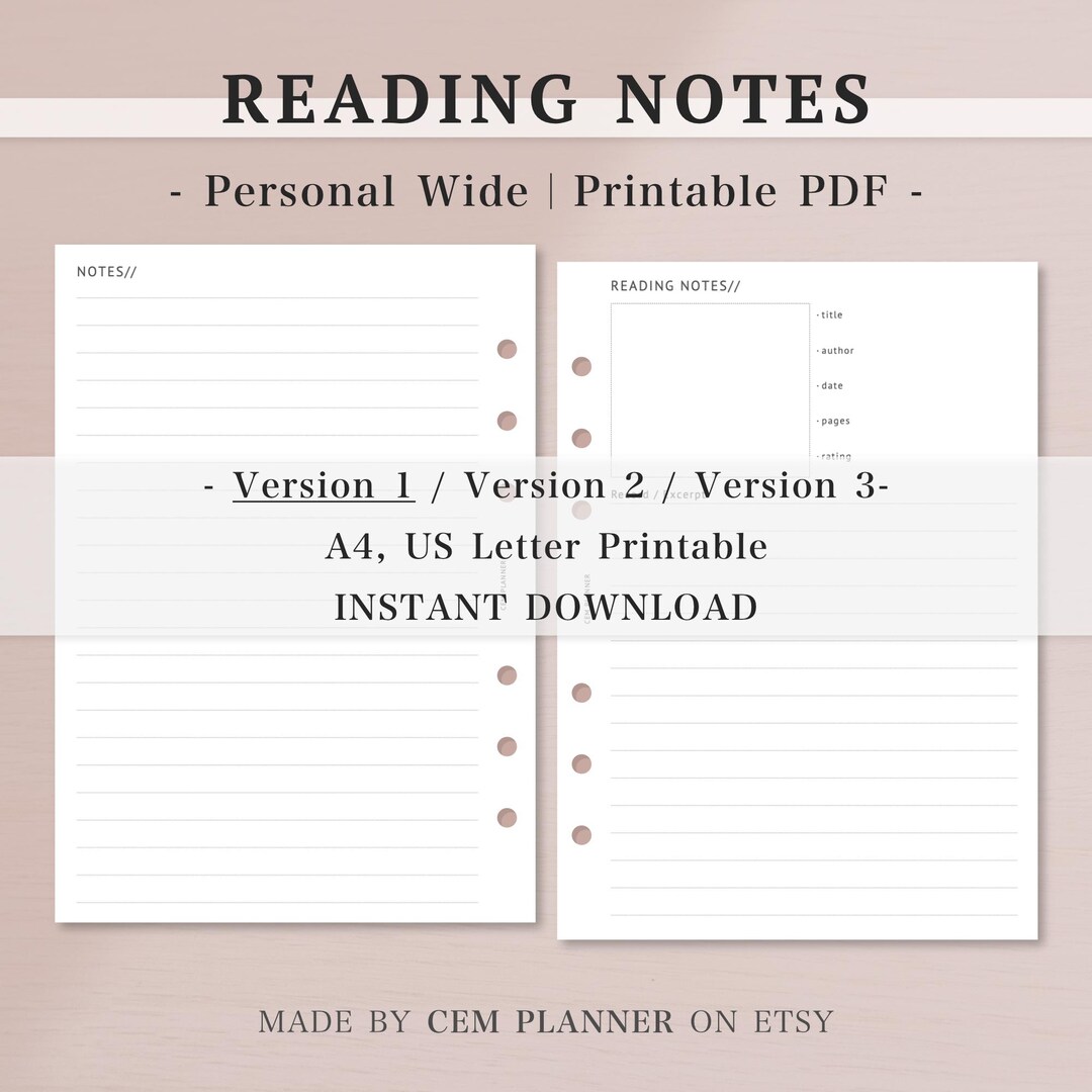 Reading Notes Inserts – Personal Wide Planner｜author, Rating, Excerpt ...