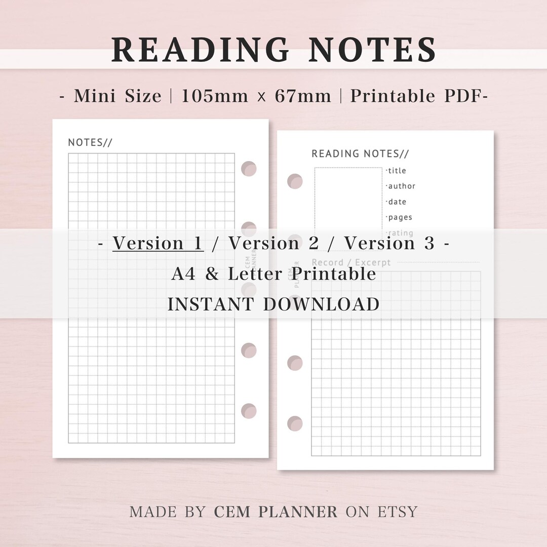Reading Notes Inserts｜mini Size Printable Template｜3 Versions｜a4 & US ...