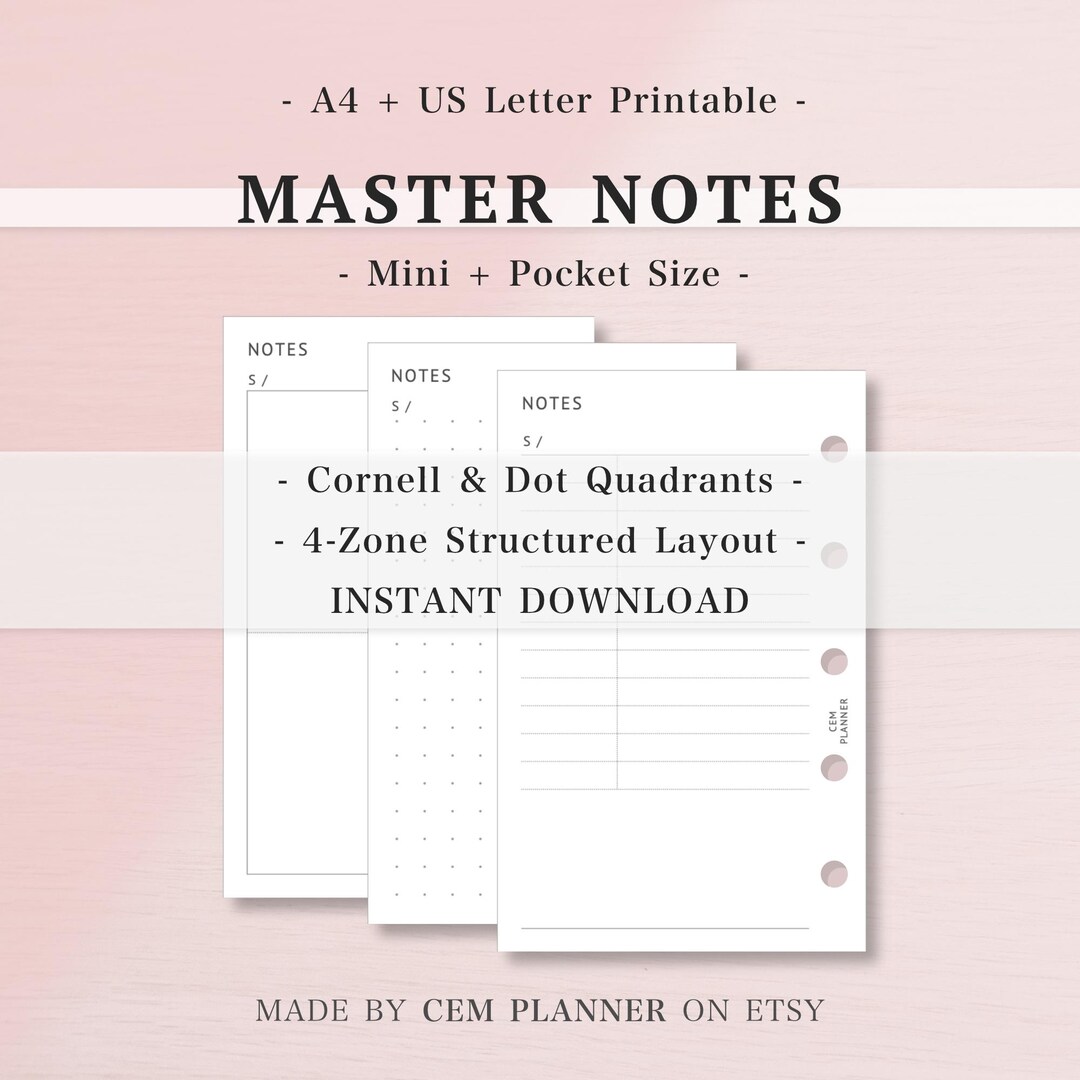 Mini + Pocket Planner Inserts, Quad Notes Insert, 4 Quadrant Cornell ...