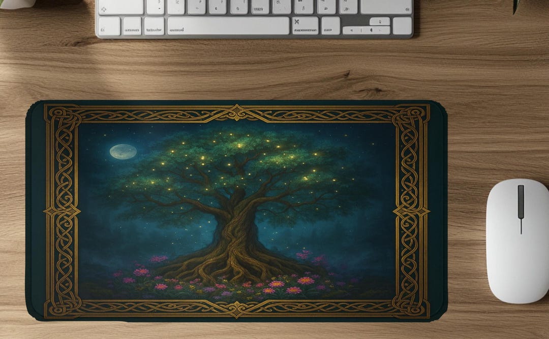 Mystical Celtic Tree of Life Desk Mat - Moonlit Forest Office Gaming ...