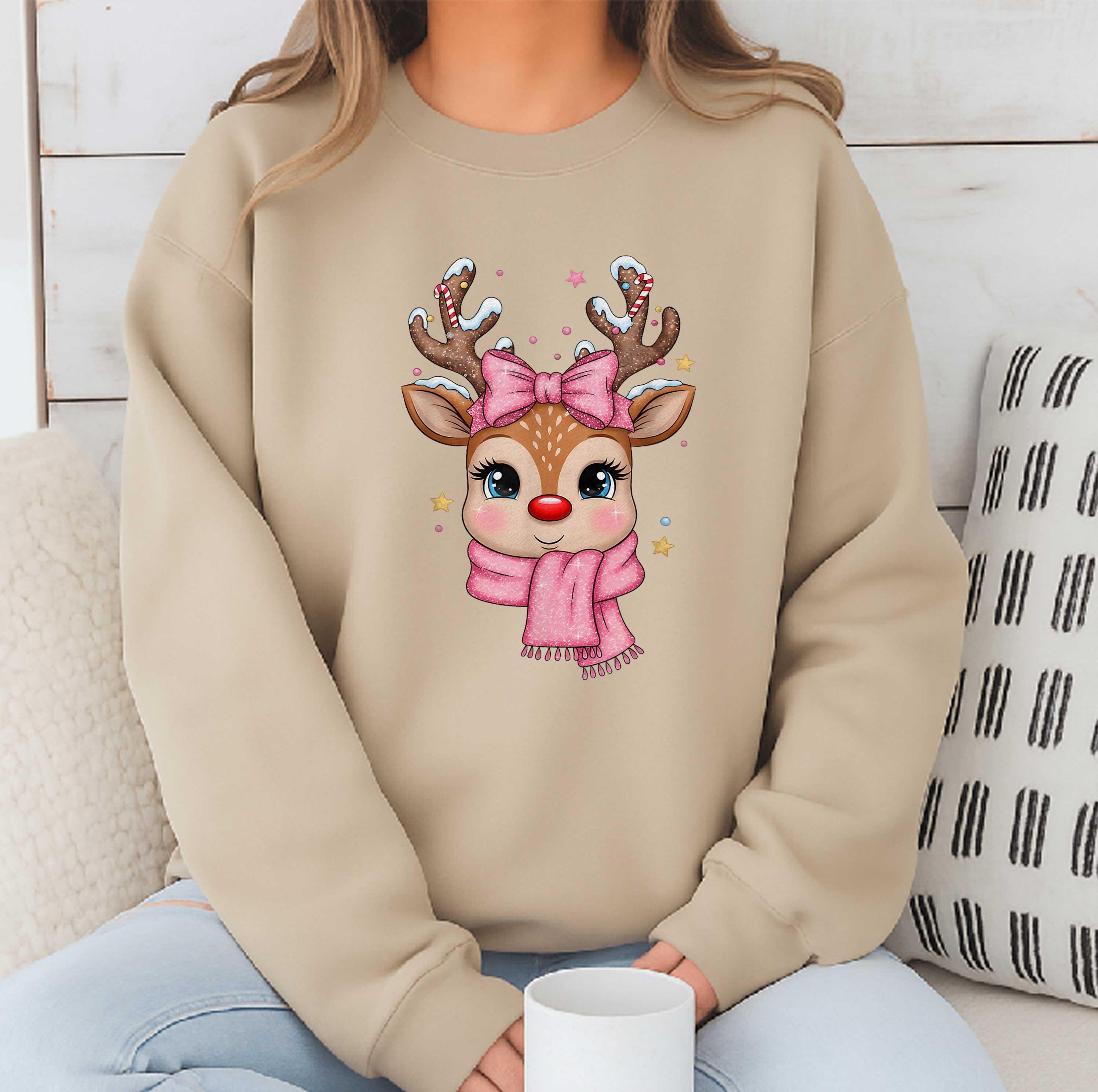 Pink Christmas Reindeer PNG Sublimation | Cute Girl Deer Glitter Head ...