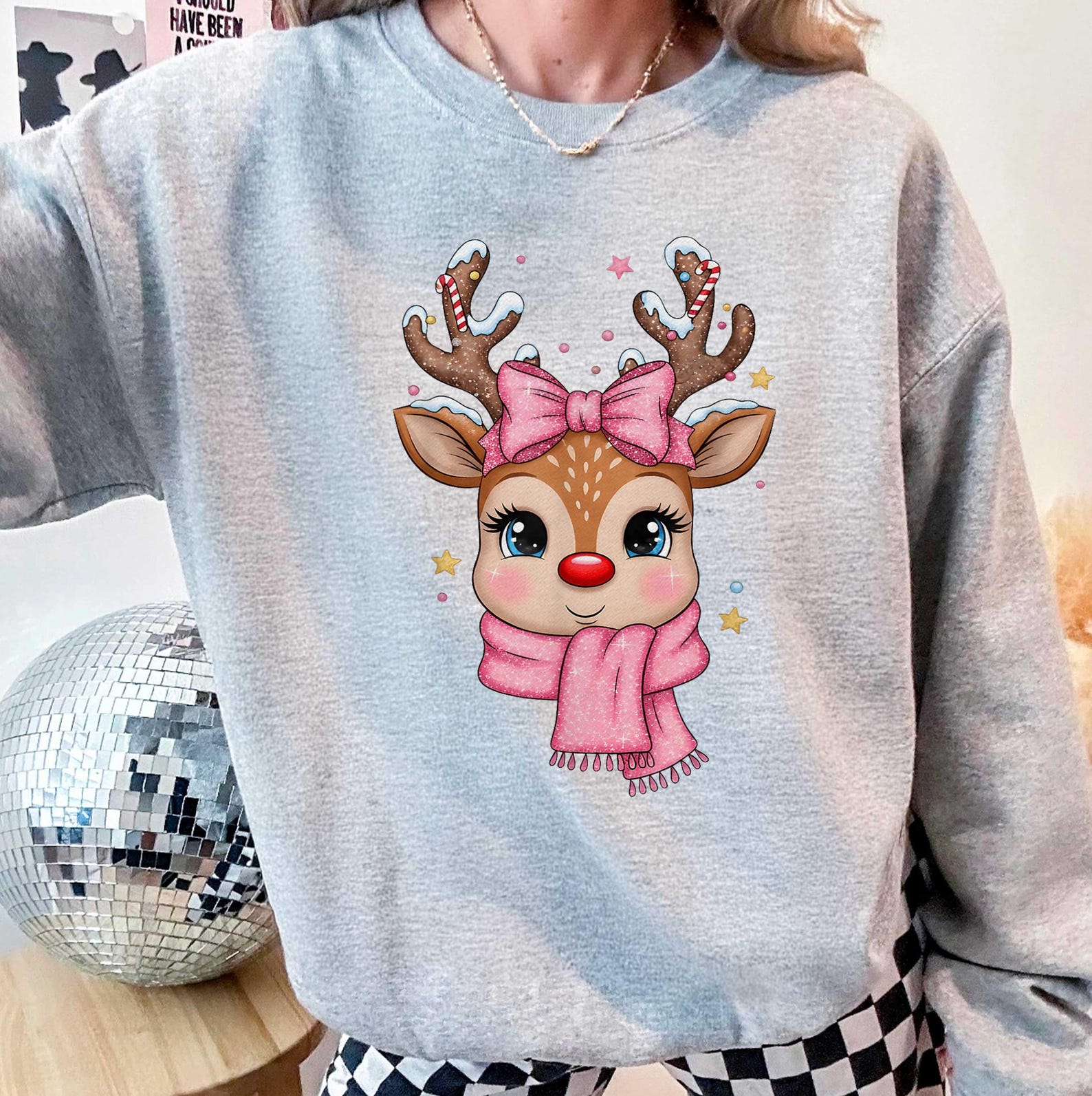 Pink Christmas Reindeer PNG Sublimation | Cute Girl Deer Glitter Head ...