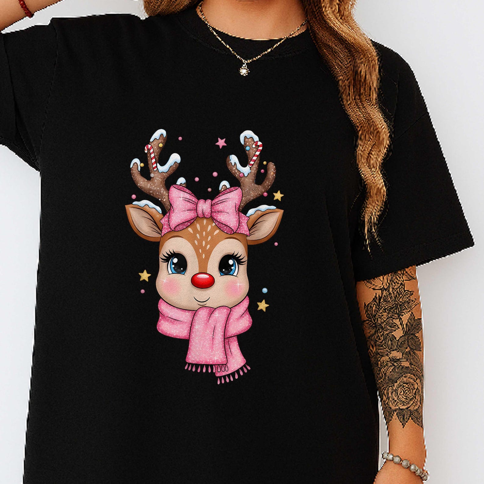 Pink Christmas Reindeer PNG Sublimation | Cute Girl Deer Glitter Head ...