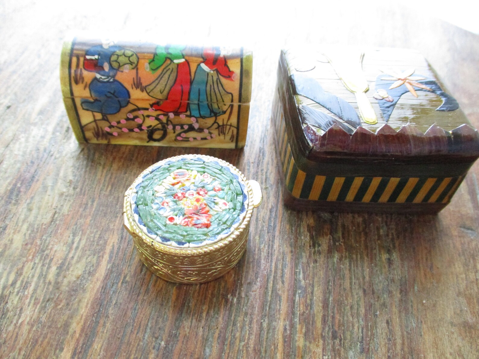 Vintage Small Mosaic Pill and Trinket Boxes Handcrafted Bone Lacquered ...