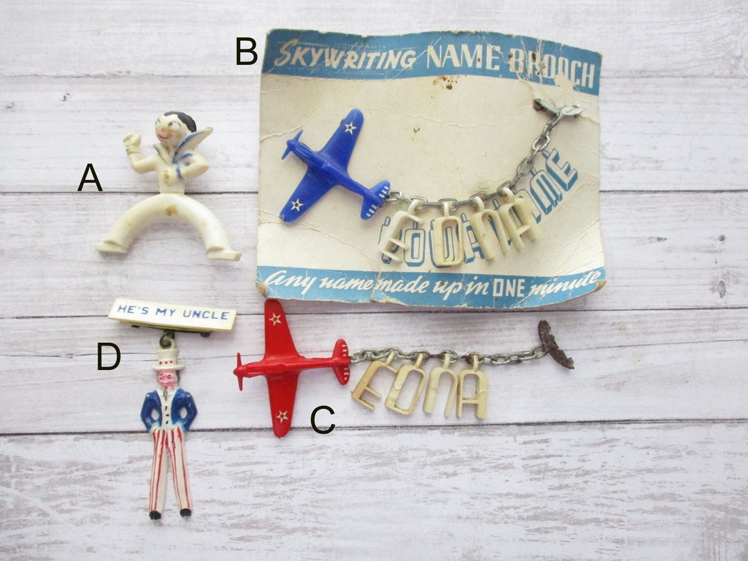 WWII Sweetheart Pins Airplane Skywriting Name Uncle Sam Sailor Army Air ...