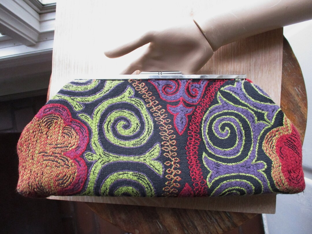 Vintage Colorful Clutch Modernist Swirls Linen Inside Black Purple Red ...