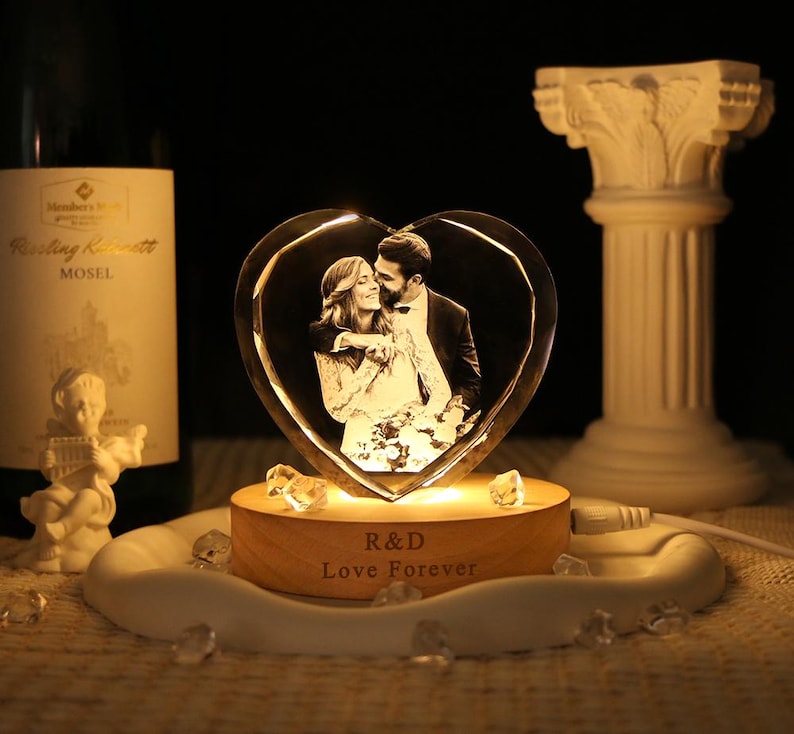 Personalized Heart 3D Crystal Photo Portrait Led,engraved Crystal Photo ...
