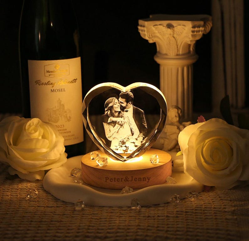 Personalized Heart 3D Crystal Photo Portrait Led,engraved Crystal Photo ...