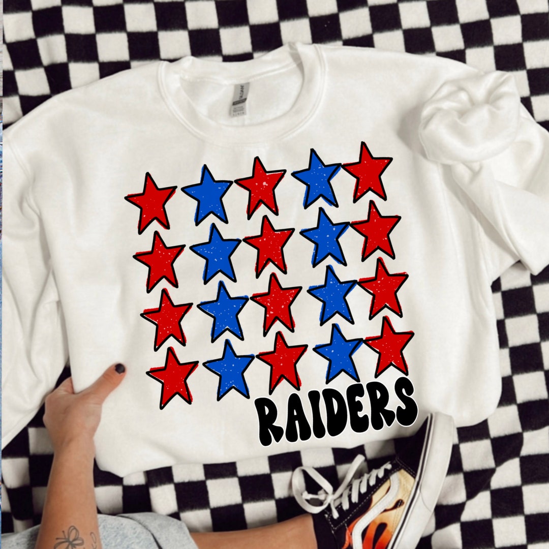 Varsity Raiders Red & Blue Star Mascot Shirt Design, Retro Checkered ...